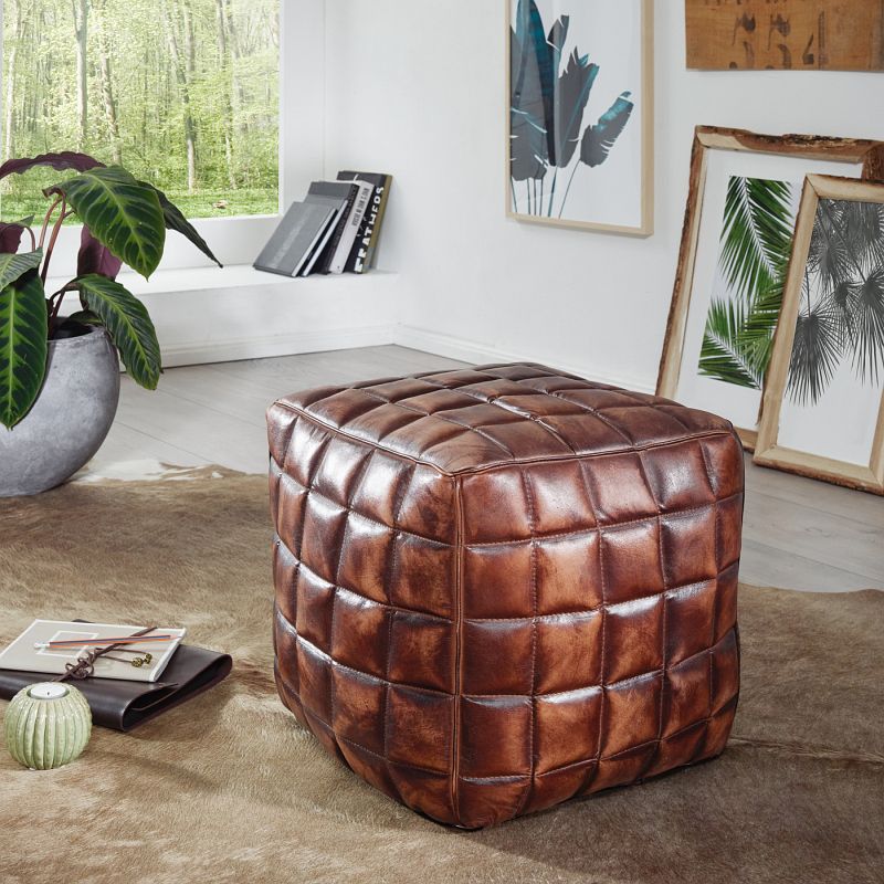 Wohnling siège cube STANLEY cuir véritable marron 39 x 41 x 39 cm pouf ...